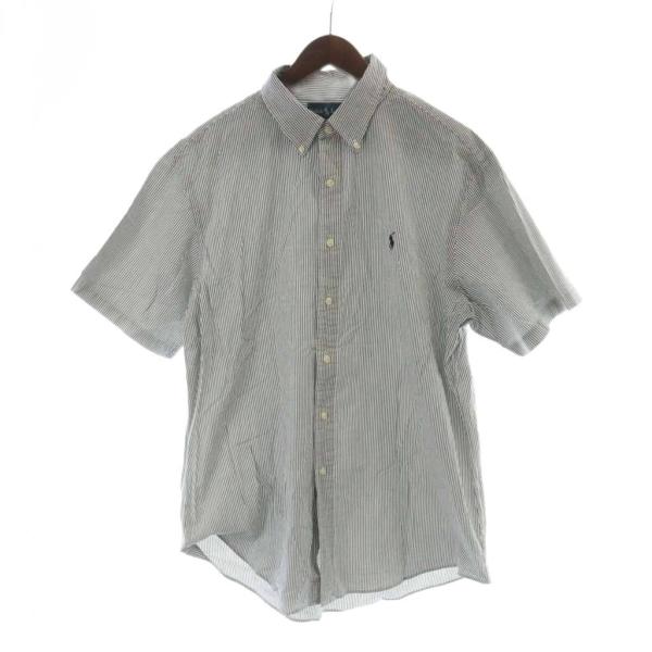 ラルフローレン RALPH LAUREN ボタンダウンシャツ 半袖 ロゴ ストライプ XL グレー 白 ホワイト ■GY60 /MQ メンズ【ブランド】ラルフローレン RALPH LAUREN【表記サイズ】XL【実寸サイズ】肩幅：約50cm...