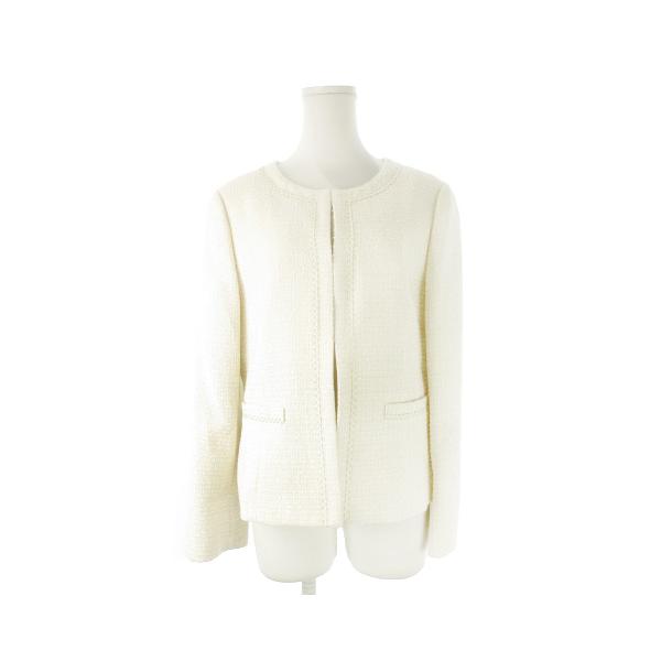 インディヴィ INDIVI ノーカラージャケット 41 白 アイボリー ノーカラー 長袖 ブレードテープ ラメ ツイード /CK13 ■GY60 レディース【ブランド】インディヴィ INDIVI【表記サイズ】41【実寸サイズ】肩幅：38cm...