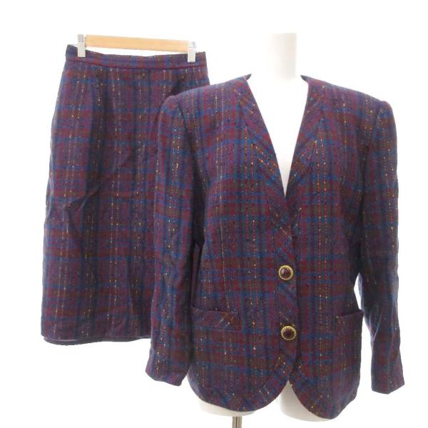 ジューンモア 美品 セットアップ テーラードジャケット タイトスカート ツイード チェック柄 9 紫 パープル 黄 イエロー /YJ ■GY59【表記サイズ】9【実寸サイズ】ジャケット 肩幅：43cm　ジャケット 身幅：52cm　ジャケット...