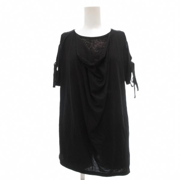 アルゴンキン ALGONQUINS Tシャツ バックプリント アシンメトリーヘム F 黒 ブラック 半袖 ドレープネック 袖リボン /YJ ■GY59【ブランド】アルゴンキン ALGONQUINS【表記サイズ】F【実寸サイズ】身幅：46cm...