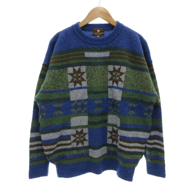 グースアンドガンダー GOOSE＆GANDER ニット セーター 長袖 クルーネック ボーダー 総柄 50 青 ブルー 緑 グリーン /GV【表記サイズ】50【実寸サイズ】肩幅：64cm　身幅：62cm　着丈：70cm　袖丈：51cm　　【...