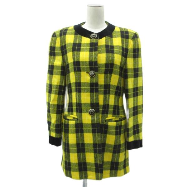 ANTONETTE FRANZ HAUSHOFER ノーカラーコート ロング丈 38 M 黄 イエロー チェック柄 ウール /SM9 ■GY58 レディース【表記サイズ】38（日本サイズM相当）【実寸サイズ】肩幅：40cm　身幅：46cm　...