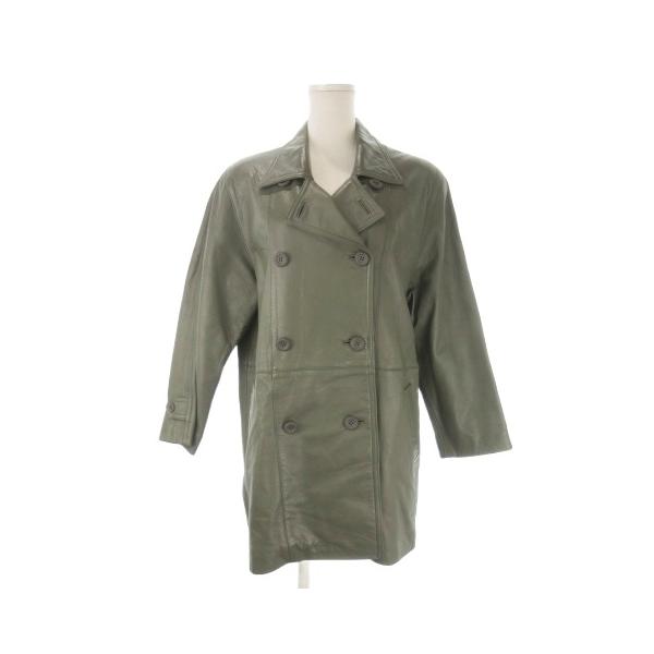 PRIMA S ラムレザーコート ダブル ミドル丈 本革 S 緑 カーキ /CK5 ■GY58 レディース【表記サイズ】S【実寸サイズ】肩幅：42cm　身幅：51cm　袖丈：52cm　着丈：77cm　　【素材】表地　羊革　　裏地　レーヨン【...