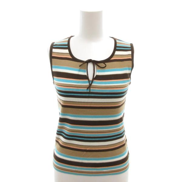 アルセーヌ・インク ar. DE TOI ノースリーブ 38 茶 ブラウン ライトブルー マルチボーダー柄 キーネック /YJ ■GY59 レディース【表記サイズ】38【実寸サイズ】身幅：37cm　着丈：52cm　　【素材】綿 アクリル【色...