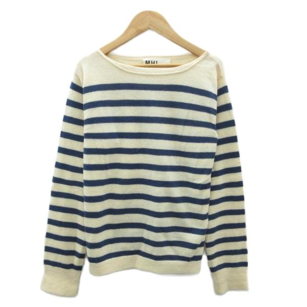 マーガレットハウエル MHL. ニット カットソー 2 M アイボリー 紺 ボーダー柄 長袖 ボートネック /SY11 ■GY61 レディース【ブランド】マーガレットハウエル MHL.【表記サイズ】2（日本サイズM相当）【実寸サイズ】肩幅：...