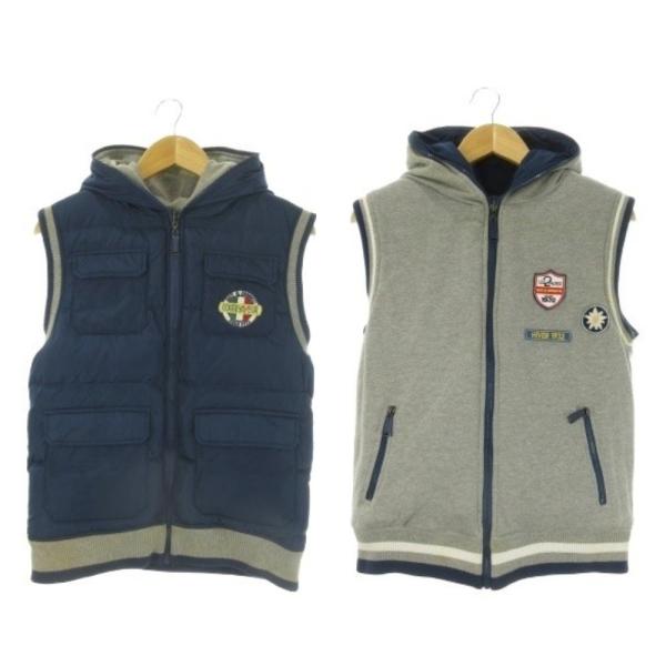 BACI&amp;ABBRACCI リバーシブル ジャケット ダウンベスト L 紺 ネイビー グレー フード付き ジップアップ ワッペン刺繍【表記サイズ】L【実寸サイズ】身幅：50cm　総丈：62cm　　【素材】表　ポリエステル　　裏　コッ...