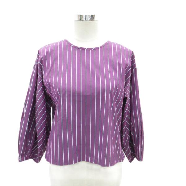 ティッカ TICCA ラッフルパフスリーブブラウス カットソー 長袖 F 紫 ストライプ柄 ラウンドネック TAHA-303-04 ■GY61 レディース【ブランド】ティッカ TICCA【表記サイズ】F【実寸サイズ】肩幅：53cm　身幅：4...