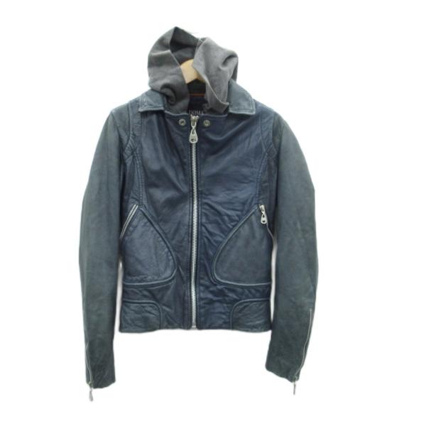 ドマ DOMA ライダースジャケット レザージャケット 革ジャン ダブル ミドル丈 S 紺 ネイビー グレー フード付き 切替 レディース【表記サイズ】S【実寸サイズ】肩幅：36cm　身幅：41.5cm　着丈：53cm　袖丈：56cm　　【...