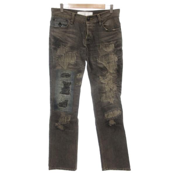 オッサモンド OSSA MONDO デニムパンツ ジーンズ ストレート ボタンフライ ダメージ加工 リペア加工 2 黒 ブラック /GV ■GY61【ブランド】オッサモンド OSSA MONDO【表記サイズ】2【実寸サイズ】ウエスト：80c...