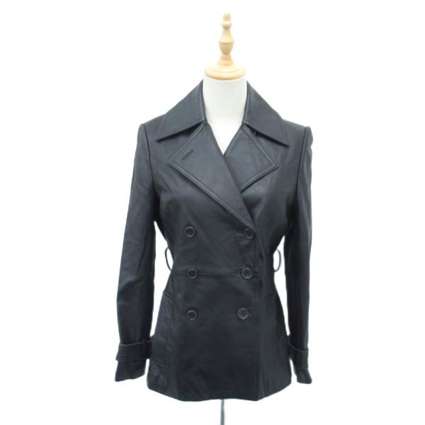 ラトーレ LATORRE レザーコート ミドル丈 11AR 黒 ブラック オープンカラー ダブルボタン ベルト付き 053-218 /MA10 ■GY58 レディース【表記サイズ】11AR【実寸サイズ】肩幅：39cm　身幅：44cm　袖丈：...