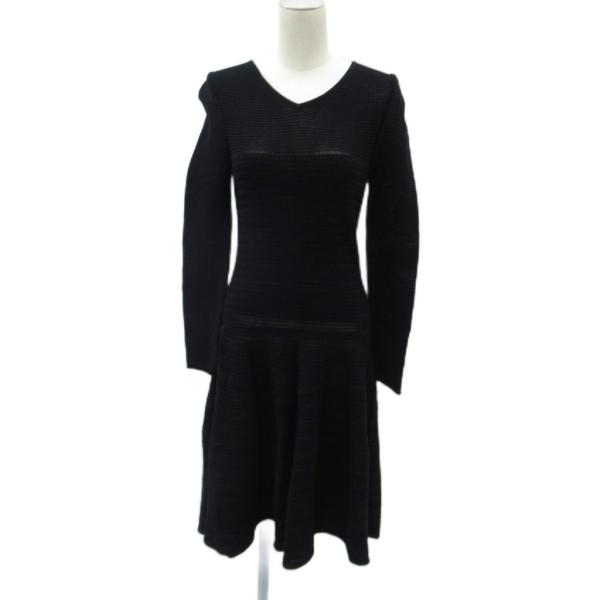 リルプーロートル Lil pour l’autre ニットワンピース ミモレ丈 長袖 黒 Vネック 透かし編み /SY66 ■GY58 レディース【表記サイズ】サイズ表記なし【実寸サイズ】肩幅：32cm　身幅：36cm　袖丈：59cm　総丈...