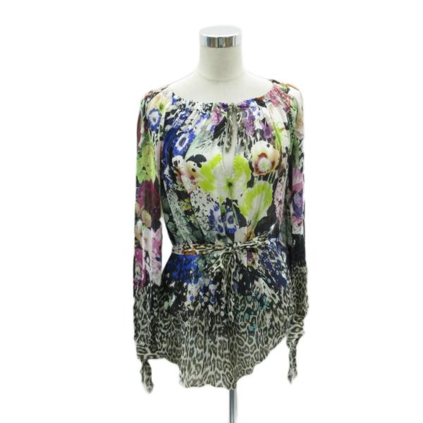 ジャスト・カヴァリ Just Cavalli チュニック ラウンドネック シルク マルチカラー 茶色 ブラウン 総柄 長袖 /HO15 ■GY58 レディース【表記サイズ】表記なし【実寸サイズ】身幅：50cm　着丈：77.3cm　ゆき丈：7...