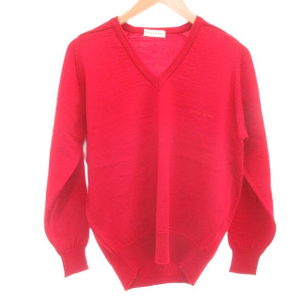 美品 ピエールバルマン PIERRE BALMAIN ニット セーター ウール M 赤 レッド Vネック 長袖 ロゴ刺繍 /RG ■GY58 メンズ【表記サイズ】M【実寸サイズ】肩幅：35cm　身幅：51cm　着丈：64cm　袖丈：61cm...