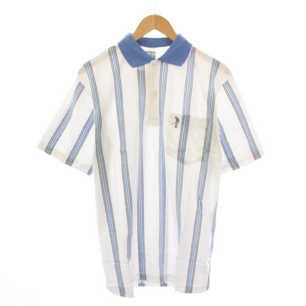 パンディット PUNDiT ゴルフウェア ポロシャツ 半袖 レギュラーカラー ハーフボタン 刺繍 ストレッチ ストライプ柄 白 ホワイト 水色【表記サイズ】サイズ表記なし(実寸サイズをご参考ください。)【実寸サイズ】肩幅：47.5cm　身幅...