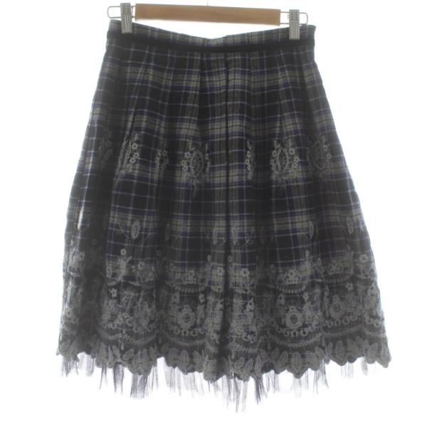マデイラ Ma Deira フレアスカート ひざ丈 チェック柄 刺繍 チュール ウール混 38 紺 ネイビー グレー /KU ■GY58 レディース【表記サイズ】38【実寸サイズ】ウエスト：62cm　ヒップ：90cm　スカート丈：58cm　...
