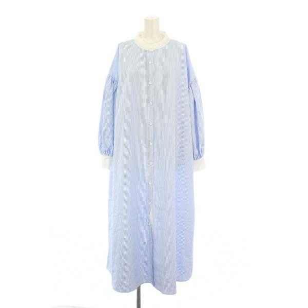 コーナーズバイロヴィ Lowy by Corners シャツワンピース マキシ ロング 長袖 バンドカラー ストライプ柄 バイカラー M 水色 白【表記サイズ】M【実寸サイズ】肩幅：63cm　身幅：67cm　着丈：122cm　袖丈：45.5...