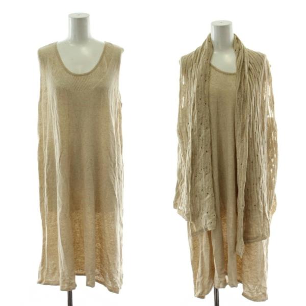 クナ KUNA ワンピース ベスト アンサンブルニット 麻 リネン M ベージュ ノースリーブ ラウンドネック 透かし編み ロング丈 /PP ■GY60【表記サイズ】M【実寸サイズ】身幅：約50cm　着丈：約51cm　ワンピース　肩幅 約3...