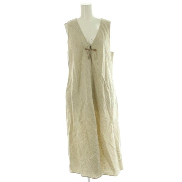 ポプリ pot-pourri ワンピース 麻 リネン 38 ベージュ ストライプ柄 Vネック ノースリーブ /AG ■OS ■GY60 レディース【表記サイズ】38【実寸サイズ】肩幅：約32cm　身幅：約46cm　袖丈：-cm　総丈：約11...