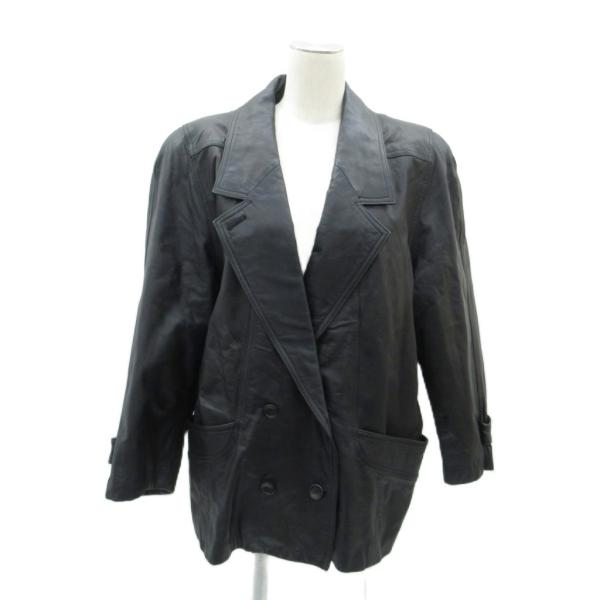 ブルージェ BRUGE レザージャケット 上着 ミドル丈 L 黒 ブラック ダブルボタン オープンカラー /HO35 ■GY58 レディース【表記サイズ】L【実寸サイズ】肩幅：39cm　身幅：58cm　着丈：76.3cm　袖丈：56.5cm...