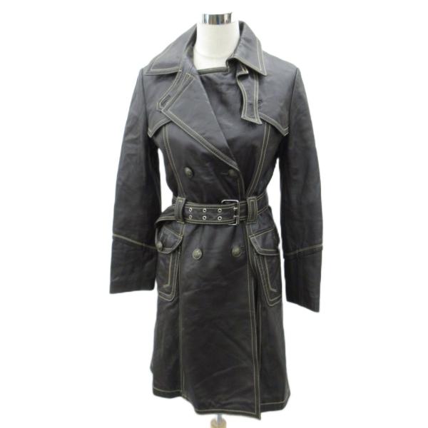 Hisun レザートレンチコート シープレザー M ダークブラウン ベルト付き ロング丈 /YS59 ■GY58 レディース【表記サイズ】M【実寸サイズ】肩幅：38cm　身幅：45cm　袖丈：59cm　着丈：96cm　ベルト　最小ウエスト7...