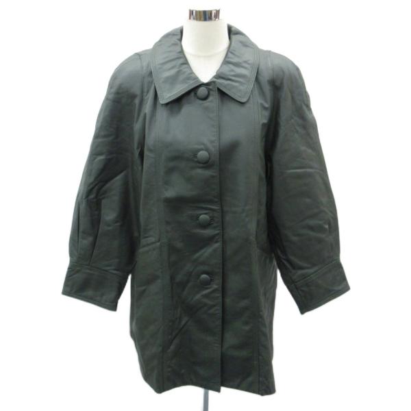 ブルージェ BRUGE レザーステンカラーコート カウレザー L カーキ ラウンドカラー ロング丈 TK-3009 /YS7 ■GY58 レディース【表記サイズ】L【実寸サイズ】肩幅：32cm　身幅：52cm　袖丈：60cm　着丈：82cm...