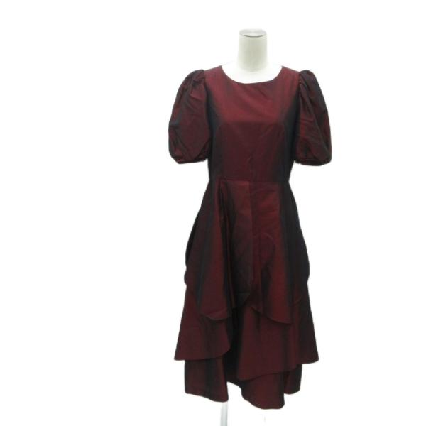 ルイスエステベス LUIS ESTEVEZ パーティードレス ワンピース ミモレ丈 五分袖 9 ワインレッド パフスリーブ ティアード レディース【表記サイズ】9号【実寸サイズ】肩幅：33cm　身幅：45cm　袖丈：30cm　総丈：111c...