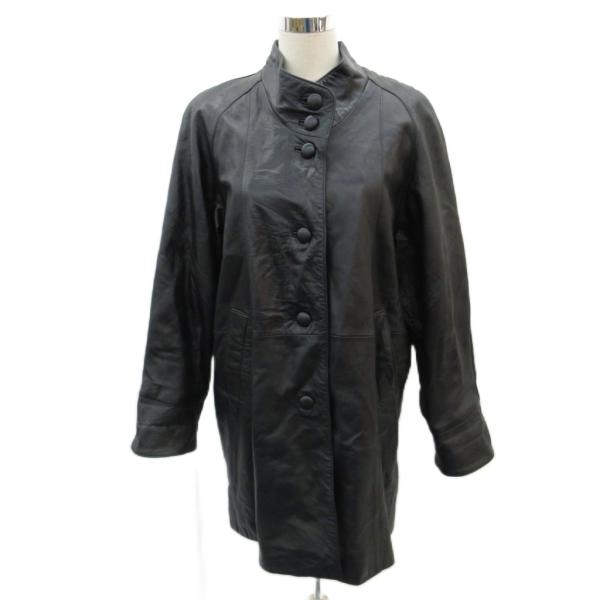 BRUGE レザーコート シープレザー 黒 ブラック スタンドカラー ロング丈 /YS9 ■GY59 レディース【表記サイズ】表記なし【実寸サイズ】身幅：55cm　着丈：88cm　ゆき丈：82cm　　【素材】表地 羊革　裏地 ナイロン、アセ...