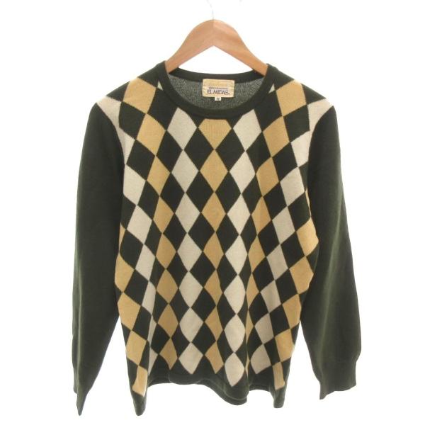 エルミダ EL MIDAS ニット セーター カシミヤ アーガイル柄 長袖 12 緑 グリーン ベージュ /YJ ■ECC001 メンズ【表記サイズ】12【実寸サイズ】肩幅：40cm　身幅：53cm　袖丈：87cm　着丈：61cm　　【素材...