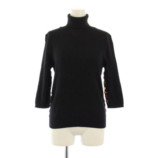 マリサウギ MARISA UGHI リブニット 七分袖 タートルネック ウール 花柄 刺繍 44 黒 ブラック /BB ■GY60 レディース【表記サイズ】44【実寸サイズ】肩幅：35.5cm　身幅：38cm　着丈：55cm　袖丈：39cm...