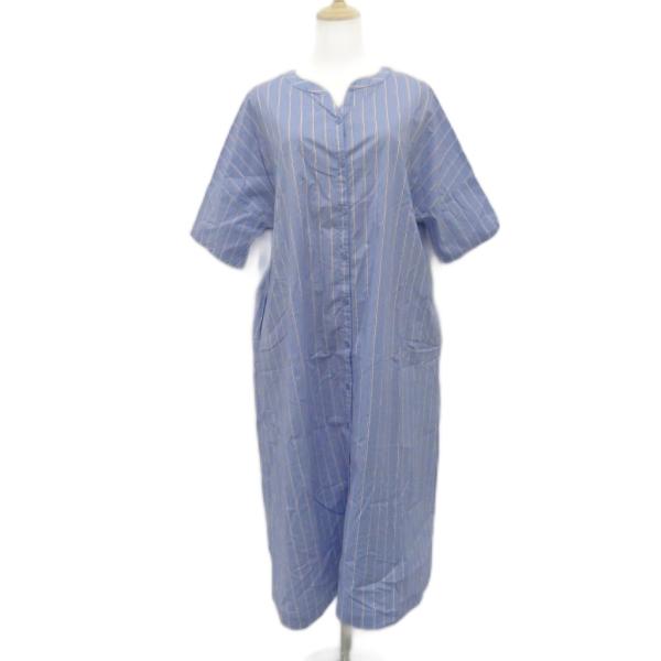 ノアールレーベル n'Or LABEL シャツワンピース ロング丈 F 青 ブルー ストライプ柄 スリットネック 半袖 /SM46 ■ECB001 レディース【表記サイズ】F【実寸サイズ】肩幅：74cm　身幅：63cm　着丈：116cm　袖...