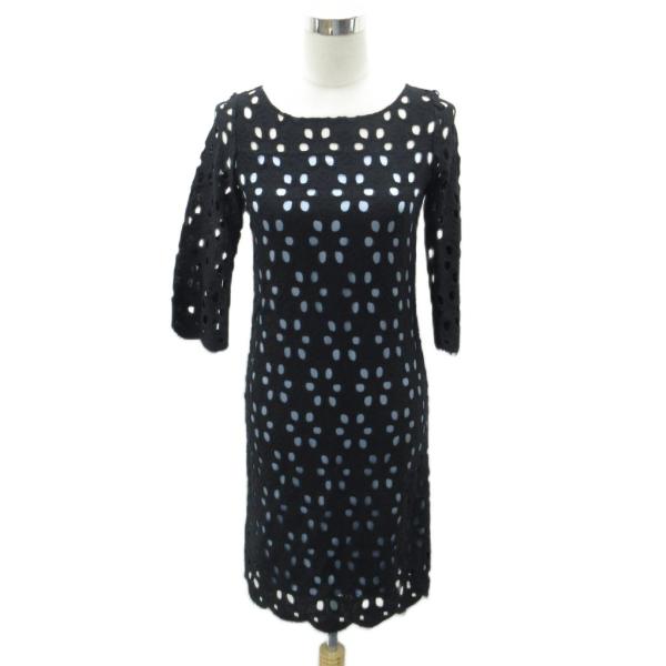 SHE IS SO TONY ワンピース ひざ丈 黒 ブラック パンチング加工 七分袖 /SM38 ■ECB001 レディース【表記サイズ】サイズ表記なし【実寸サイズ】肩幅：33cm　身幅：41cm　着丈：94cm　袖丈：42cm　　【素材...
