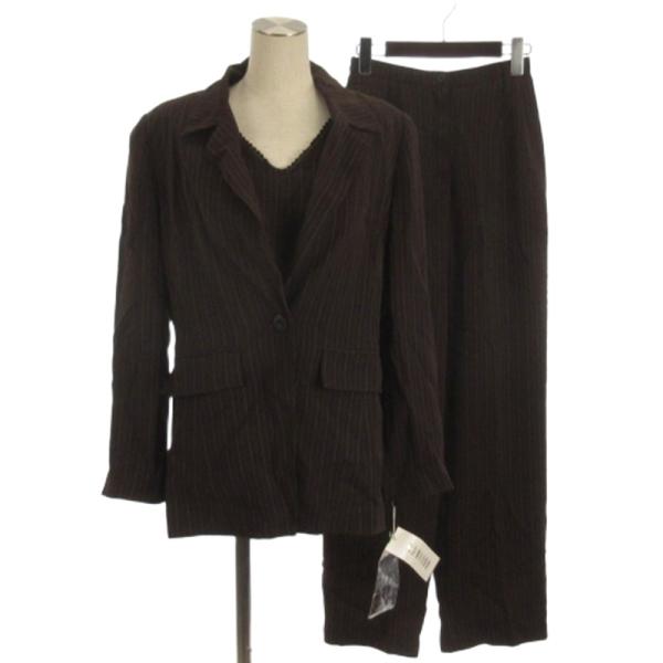 未使用品 NEWYORK NEWYORK タグ付き セットアップ スーツ ストライプ ジャケット カットソー パンツ ブラウン 9AR ■ECD001 レディース【表記サイズ】9AR【実寸サイズ】ジャケット 肩幅：38cm　ジャケット 身幅...