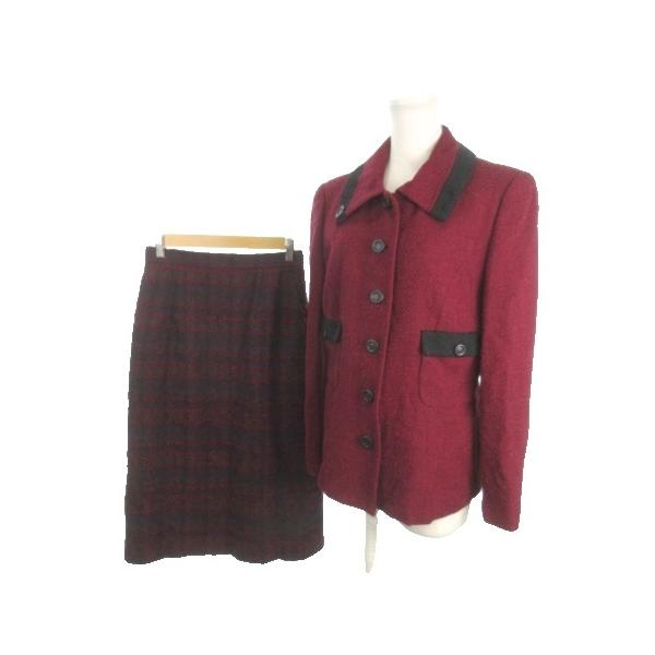 ジュンアシダ jun ashida スーツ セットアップ ジャケット スカート ツイード 11 赤 レッド 総裏地 切替 無地 チェック /MN7 ■ECD001【ブランド】ジュンアシダ jun ashida【表記サイズ】11【実寸サイズ】...