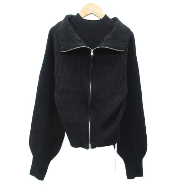未使用品 ラグナムーン LagunaMoon ビッグカラーレイヤード ジップニットジャケット 上着 ミドル丈 F 黒 ブラック ■ECD001 レディース【ブランド】ラグナムーン LagunaMoon【表記サイズ】F【実寸サイズ】肩幅：54...