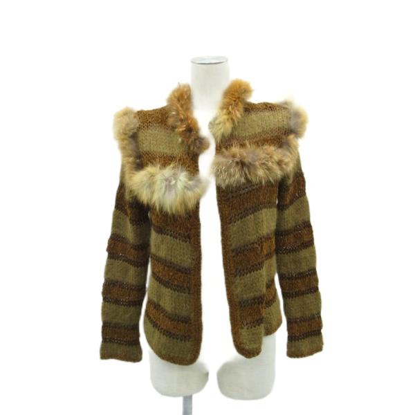 LANEROSSI カーディガン ミドル丈 前開き ファーボーダー柄 42 茶 ブラウン /SM18 ■ECD001 レディース【表記サイズ】42【実寸サイズ】肩幅：38cm　身幅：45cm　着丈：56cm　袖丈：57cm　　【素材】毛、ア...