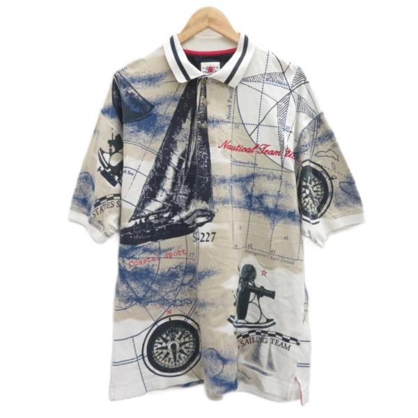 COTTON TRADERS ポロシャツ XL ライトベージュ マリン柄 半袖 ライン入り襟 /YS61 ■GY58 メンズ【表記サイズ】XL【実寸サイズ】肩幅：56cm　身幅：56cm　着丈：74cm　袖丈：26cm　　【素材】綿【色】ラ...