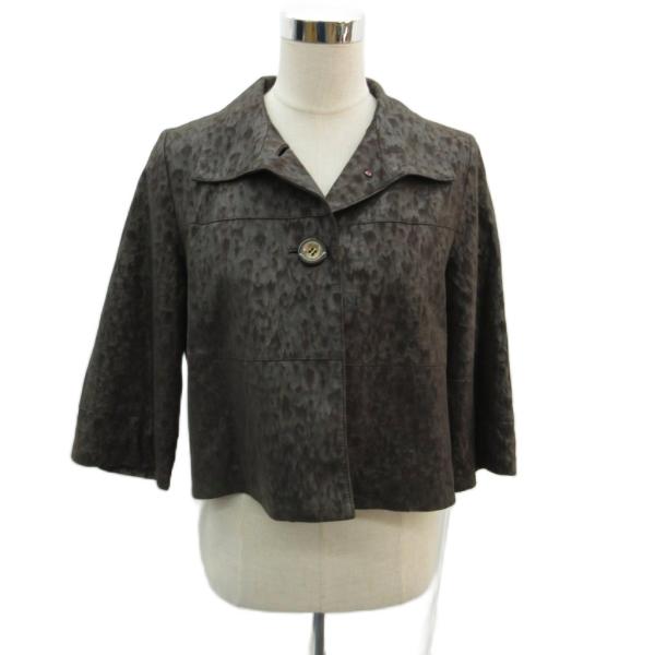 ホワイトベアー WHITE BEAR レザージャケット 革ジャン 上着 ステンカラー M 茶 総柄 七分袖 /SY43 ■ECC001 レディース【表記サイズ】M【実寸サイズ】肩幅：39cm　身幅：49cm　袖丈：42cm　着丈：47cm　...