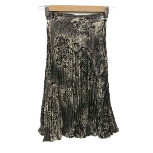 helyett プリーツスカート ミモレ丈 総柄 黒 /SY14 ■ECC001 レディース【表記サイズ】サイズ表記なし【実寸サイズ】ウエスト：55cm　ヒップ：116cm　スカート丈：57cm　　【素材】ケアタグが無い為分かりかねます【色...