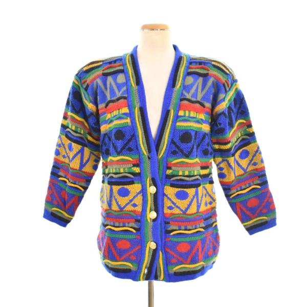 Mi piace ニット カーディガン 総柄 青 ブルー ■ECD001 レディース【表記サイズ】記載なし【実寸サイズ】肩幅：50cm　身幅：50cm　着丈：69cm　袖丈：46.5cm　　【素材】毛、アクリル、ポリエステル【色】青 ブルー...