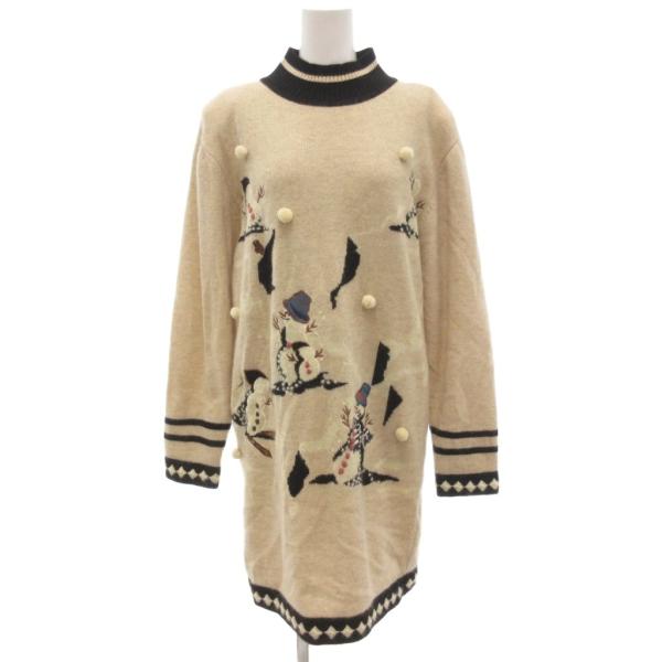 Pour Quoi 美品 ニットワンピース ひざ丈 ウール M ベージュ 雪だるま柄 ポンポン装飾 長袖 /NL ■GY58 レディース【表記サイズ】M【実寸サイズ】肩幅：44cm　身幅：49cm　袖丈：59cm　着丈：82cm　　【素材】...