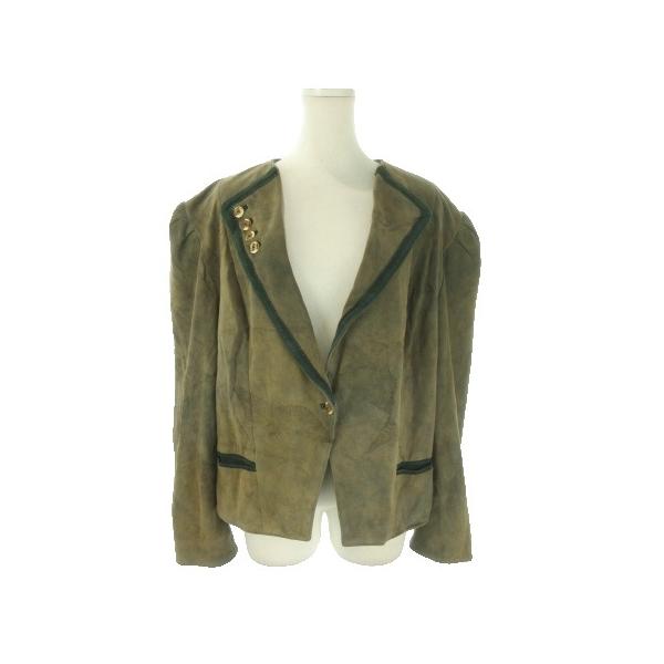 FEINER スエードジャケット レザー 46 緑 カーキ 長袖 Vネック テーラードカラー ハート 花柄 /AO19 ■ECA002 レディース【表記サイズ】46【実寸サイズ】身幅：55cm　着丈：57cm　ゆき丈：85.5cm　　【素材...