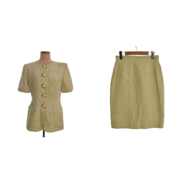 Christian Dior セットアップ ノーカラージャケット 半袖 花柄 タイトスカート 膝丈 9 黄緑 MD2BC0400 ■ECD002 レディース【ブランド】クリスチャンディオール Christian Dior【表記サイズ】9【実...