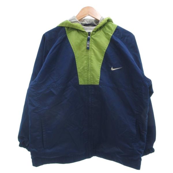 ナイキ NIKE ヴィンテージ ウィンドブレーカー ジャケット L 紺 ネイビー 黄緑 フード付き フロントジップ /SX ■ECE003 キッズ【ブランド】ナイキ NIKE【表記サイズ】L【実寸サイズ】身幅：60cm　着丈：64cm　ゆき...