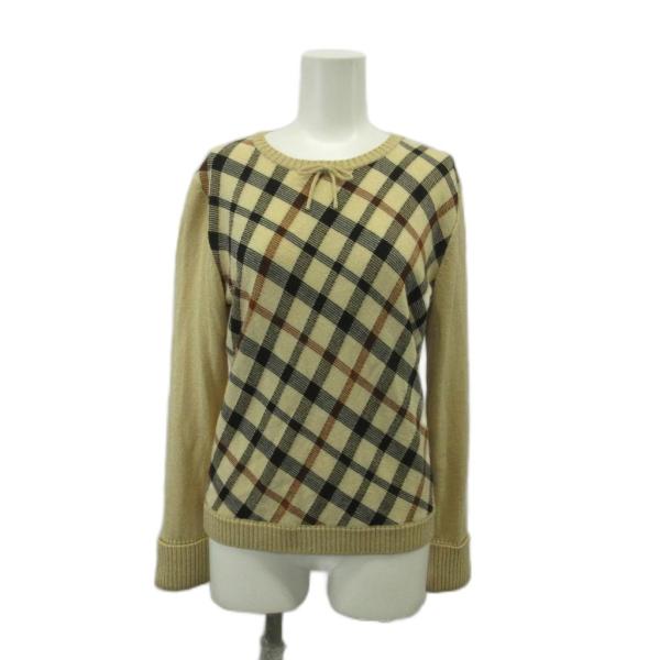 ダックス DAKS ニット セーター ウール M ベージュ チェック柄 リボン 長袖 ラメ入 /PP ■ECC003 レディース【ブランド】ダックス DAKS【表記サイズ】M【実寸サイズ】肩幅：約38cm　身幅：約45cm　着丈：約51cm...