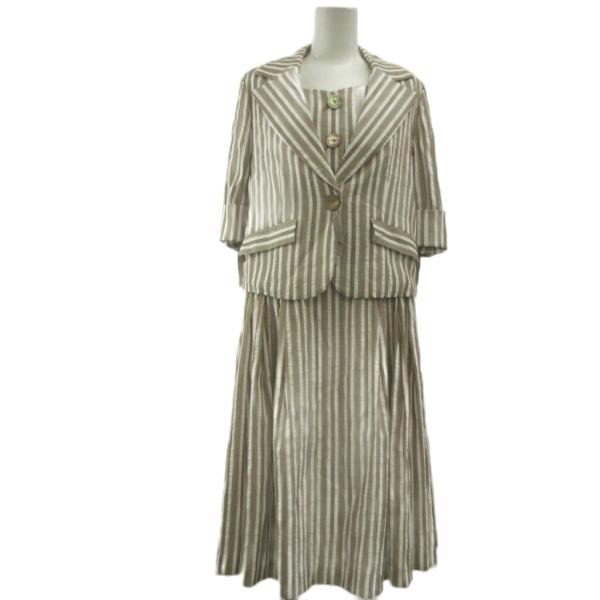 ランバン LANVIN セットアップ 38 ジャケット ワンピース ロング丈 ベージュ ホワイト ストライプ柄 七分袖 襟付き ECA004 /KV ■ECA004 レディース【ブランド】ランバン LANVIN【表記サイズ】38【実寸サイズ...