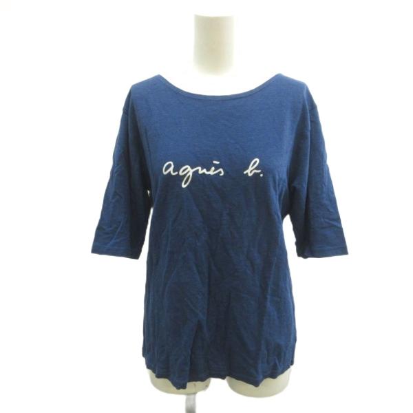 アニエスベー agnes b. Tシャツ 麻 リネン M 青 ブルー ロゴプリント ラウンドネック 五分袖 /NP ■ECC004 レディース【ブランド】アニエスベー agnes b.【表記サイズ】2【実寸サイズ】肩幅：40cm　身幅：44...