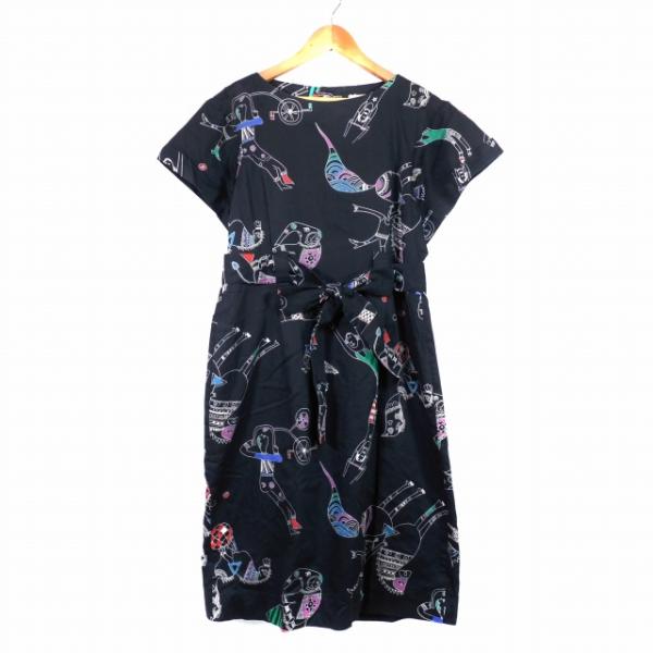 ハナエモリ HANAE MORI ひざ丈ワンピース 半袖 ボートネック タック コットン 総柄 9A3 黒 ブラック /AZ レディース【ブランド】ハナエモリ HANAE MORI【表記サイズ】9A3(日本サイズM相当)【実寸サイズ】肩幅：...