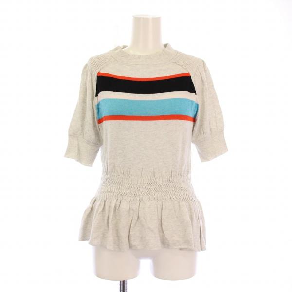 トーマスワイルド THOMAS WYLDE ニット ペプラム 半袖 クルーネック ストレッチ ウエストゴム ボーダー柄 シルク混 XS ライトグレー【ブランド】トーマスワイルド THOMAS WYLDE【表記サイズ】XS【実寸サイズ】身幅：...