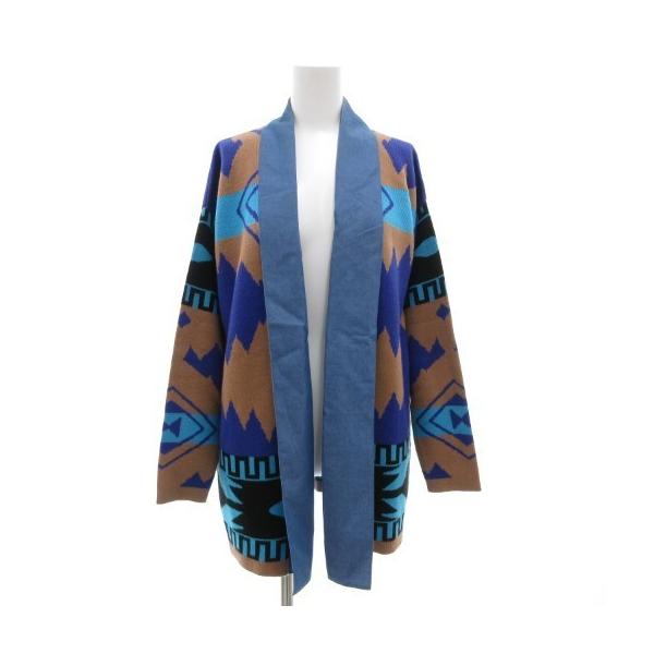 アティチュード ATTITUDES ショールカーディガン ニット 長袖 M 青 ブルー 茶 ブラウン 総柄 /GV レディース【表記サイズ】M【実寸サイズ】肩幅：54cm　身幅：55cm　袖丈：47cm　着丈：69cm　　【素材】本体 アク...