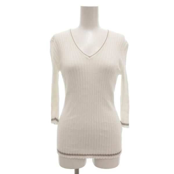 フォッシー FOSSI 美品 Vネック ニット 7分袖 リブ 40 ホワイト 白 /IU ■GY43 レディース【表記サイズ】40【実寸サイズ】肩幅：37cm　身幅：37cm　着丈：59cm　袖丈：40cm　　【素材】綿【色】ホワイト【仕様...